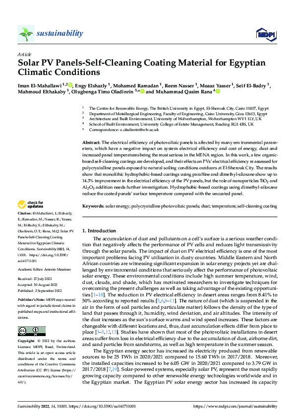 (PDF) Solar PV Panels-Self-Cleaning Coating Material for Egyptian ...
