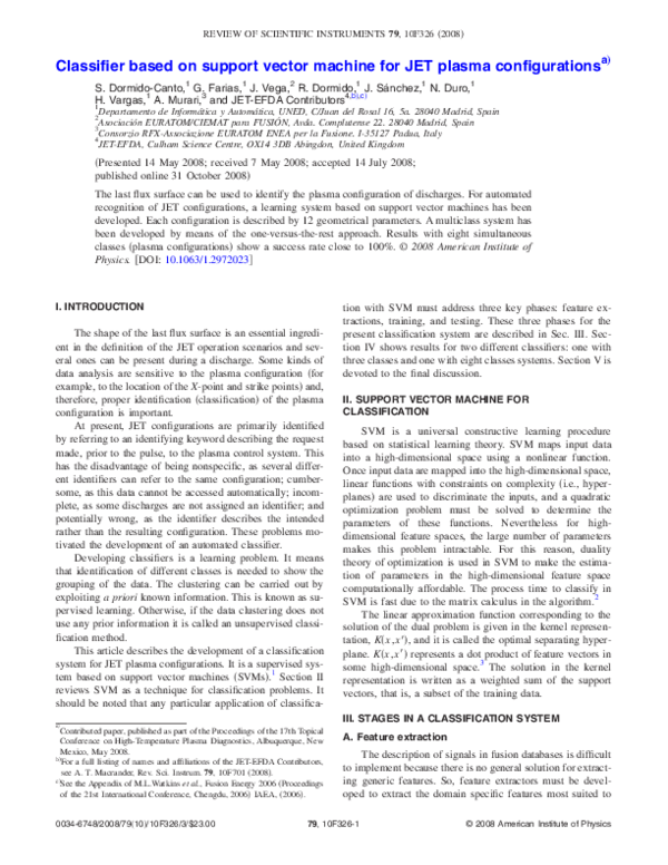 (PDF) Classifier based on support vector machine for JET plasma configurations