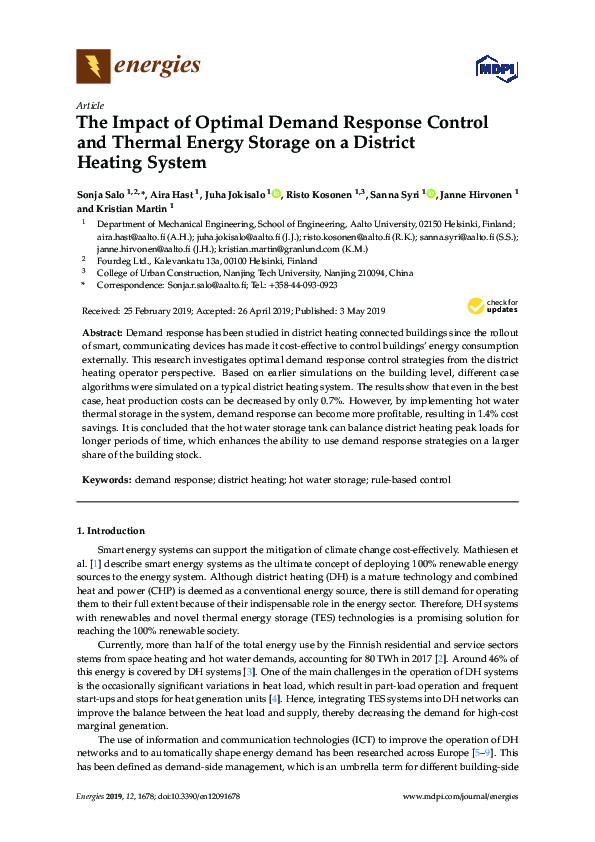 (PDF) The Impact of Optimal Demand Response Control and Thermal Energy Storage on a District ...