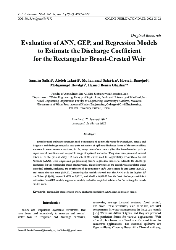 (PDF) Evaluation of ANN, GEP, and Regression Models to Estimate the Discharge Coefficient for ...