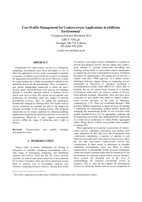 (PDF) User Profile Management for Context-aware Applications in ubiHome Environment