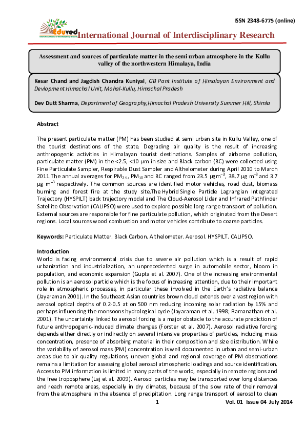 Pdf Assessment And Sources Of Particulate Matter In The Semi Urban Atmosphere In The Kullu