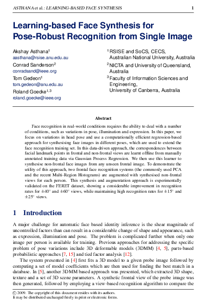 Pdf Learning Based Face Synthesis For Pose Robust Recognition From