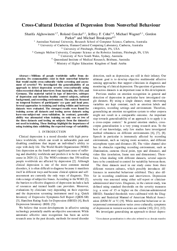 (PDF) Cross-cultural detection of depression from nonverbal behaviour