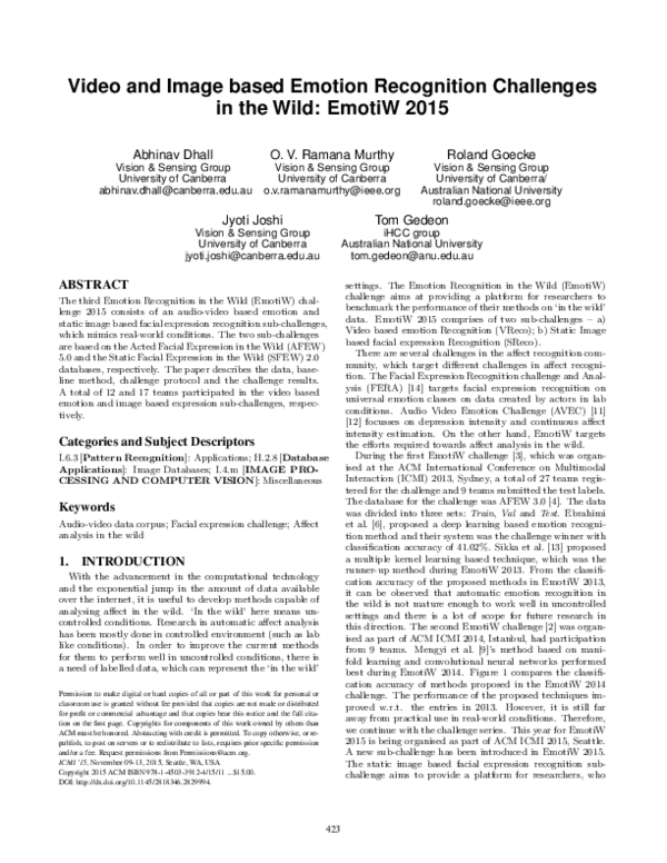 (PDF) Video and Image based Emotion Recognition Challenges in the Wild