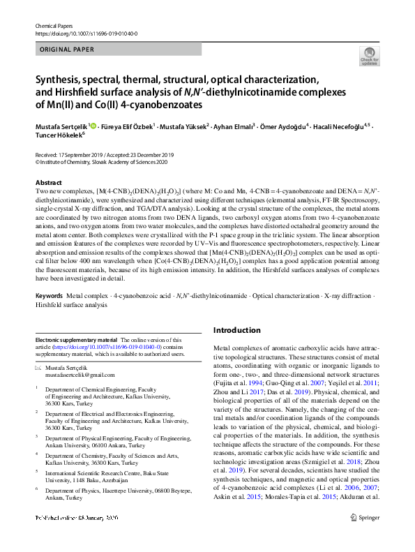 (PDF) Synthesis, spectral, thermal, structural, optical characterization, and Hirshfield surface ...