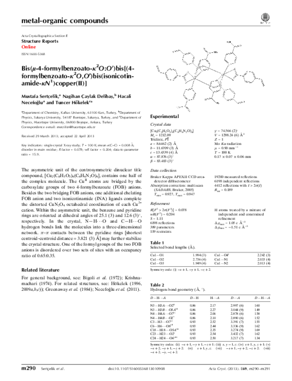 (PDF) Bis(μ-4-formylbenzoato-κ 2 O : O ′)bis[(4-formylbenzoato-κ 2 O , O ′)bis(isonicotinamide-κ ...