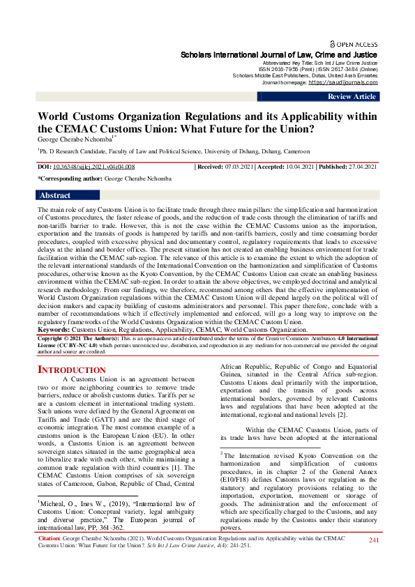 (PDF) World Customs Organization Regulations and its Applicability ...
