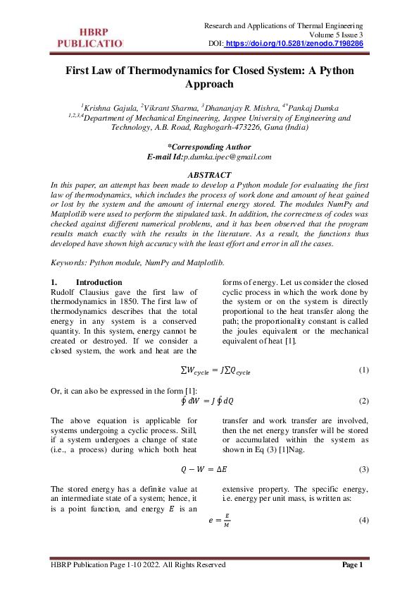 (PDF) First Law of Thermodynamics for Closed System: A Python Approach