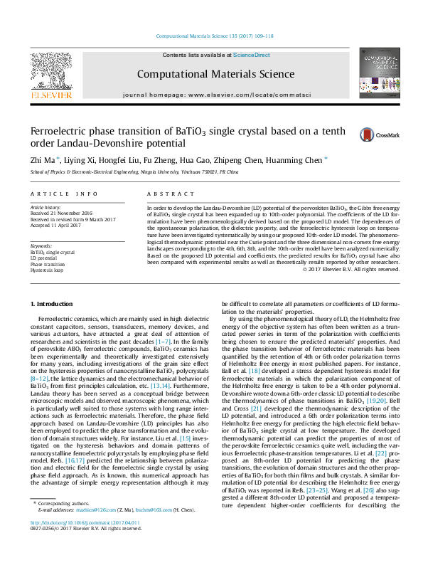 (PDF) Ferroelectric phase transition of BaTiO3 single crystal based on a tenth order Landau ...