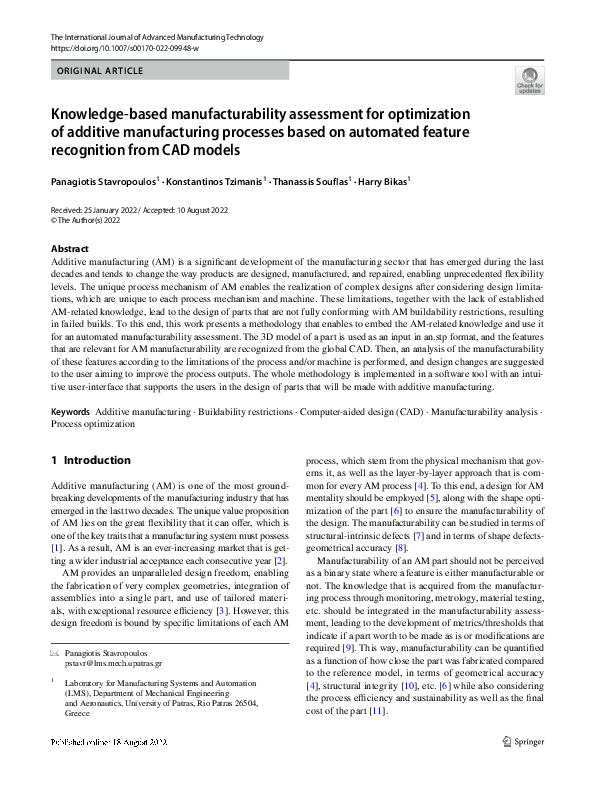 (PDF) Knowledge-based manufacturability assessment for optimization of additive manufacturing ...