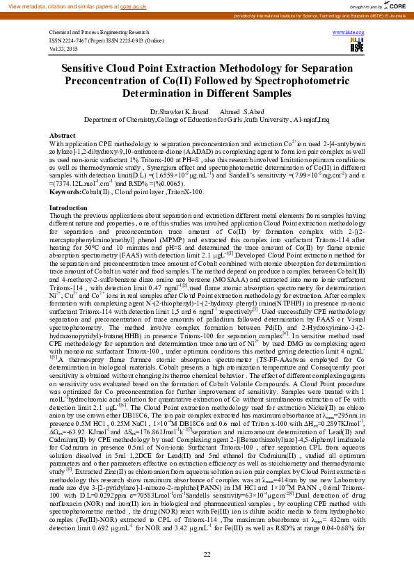 Pdf Sensitive Cloud Point Extraction Methodology For Separation Preconcentration Of Co Ii