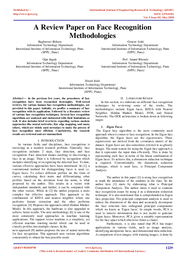 A Review Paper on Face Recognition Methodologies