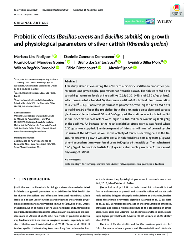 (PDF) Probiotic effects ( Bacillus cereus and Bacillus subtilis ) on growth and physiological ...