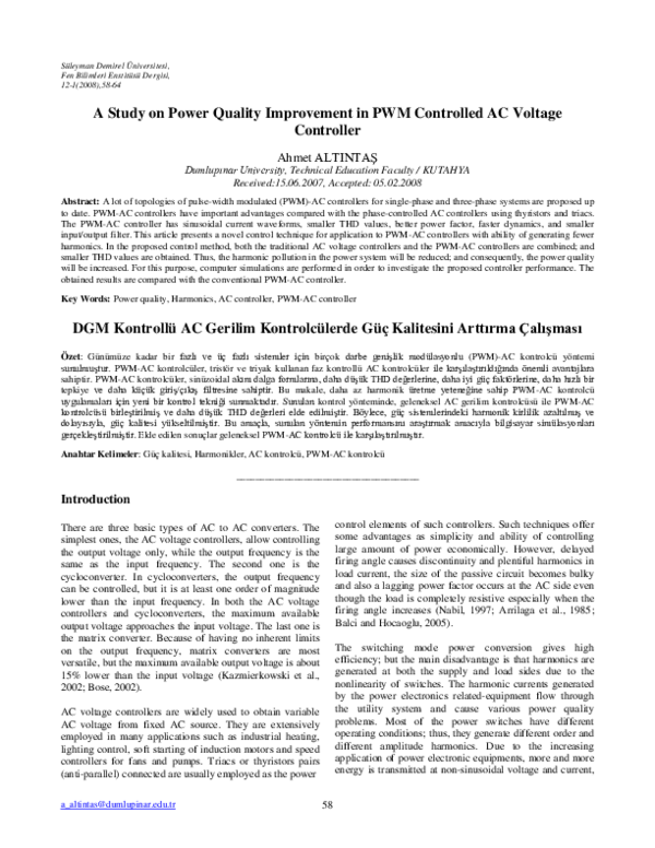 (PDF) A Study on Power Quality Improvement in PWM Controlled AC Voltage Controller