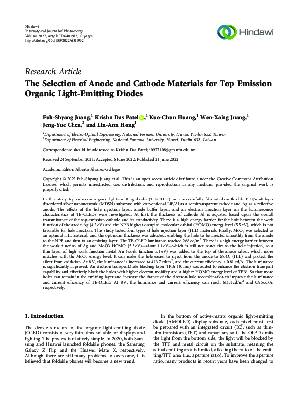 (PDF) The Selection of Anode and Cathode Materials for Top Emission Organic Light-Emitting Diodes