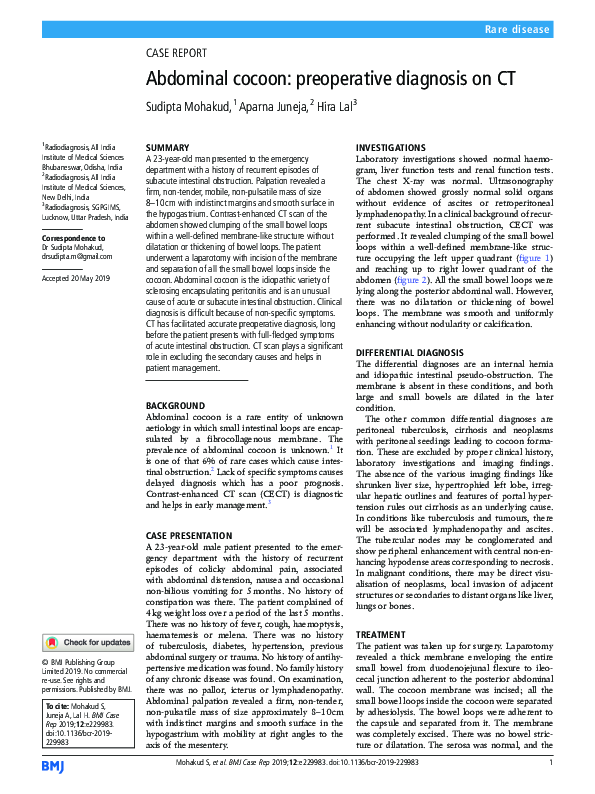(PDF) Abdominal cocoon: preoperative diagnosis on CT | aparna juneja - Academia.edu