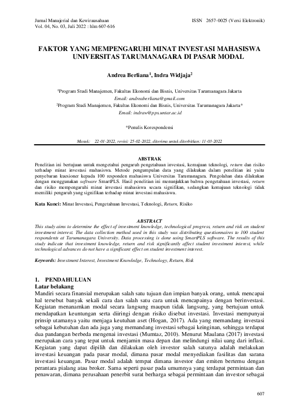 (PDF) Faktor yang Mempengaruhi Minat Investasi Mahasiswa Universitas Tarumanagara di Pasar Modal