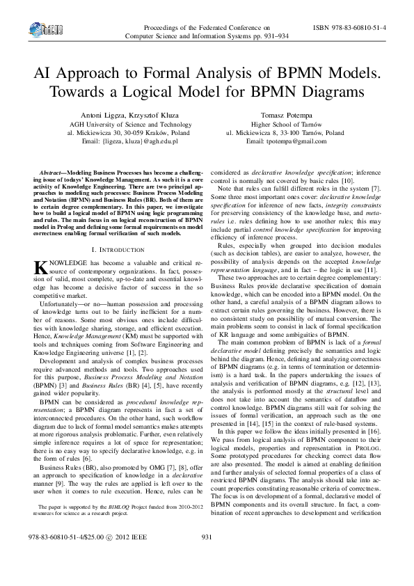 (PDF) AI Approach to Formal Analysis of BPMN Models: Towards a Logical Model for BPMN Diagrams