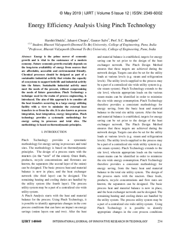 Pdf Energy Efficiency Analysis Using Pinch Technology