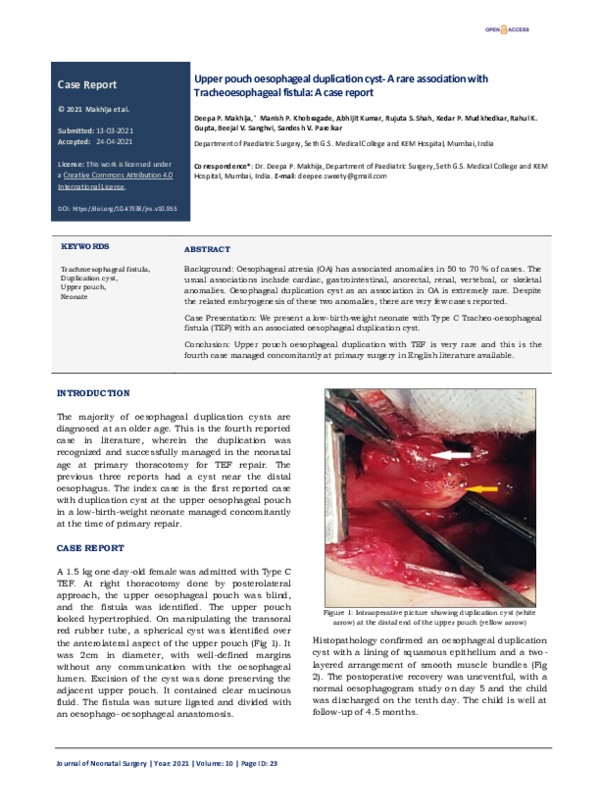 (PDF) Upper pouch oesophageal duplication cyst- A rare association with ...