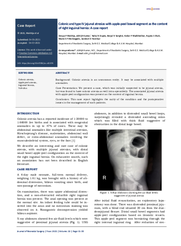 (PDF) Colonic and type IV jejunal atresias with apple-peel bowel ...