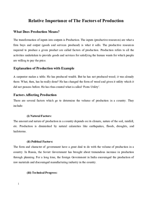 (DOC) Relative Importance of The Factors of Production