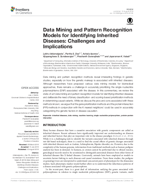 Pdf Data Mining And Pattern Recognition Models For Identifying Inherited Diseases Challenges
