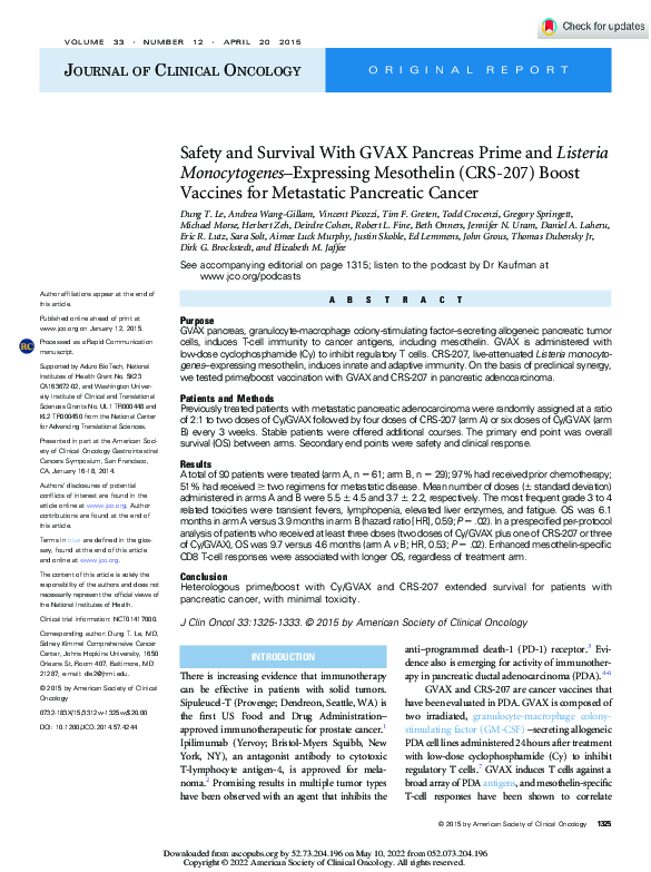 (PDF) Safety and Survival With GVAX Pancreas Prime and Listeria ...