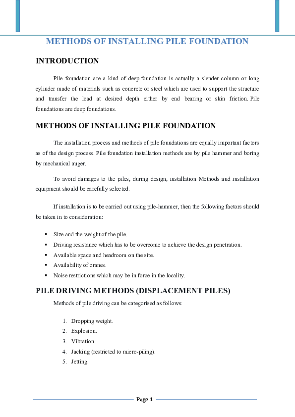 (DOC) METHODS OF INSTALLING PILE FOUNDATION