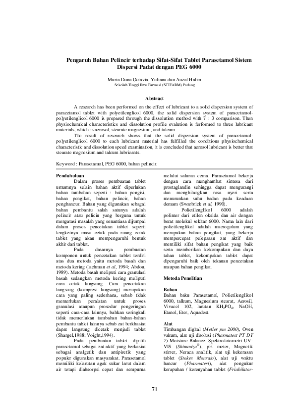 (PDF) Pengaruh Bahan Pelincir terhadap Sifat-Sifat Tablet Parasetamol ...