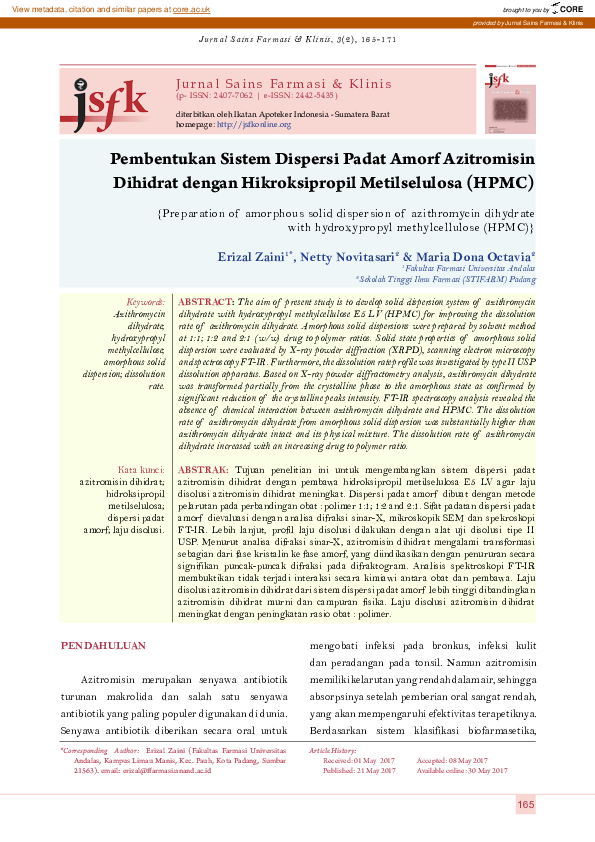 (PDF) Pembentukan Sistem Dispersi Padat Amorf Azitromisin Dihidrat ...