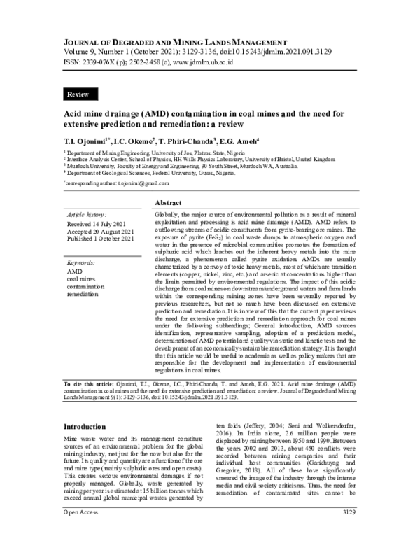 (PDF) Acid mine drainage (AMD) contamination in coal mines and the need ...