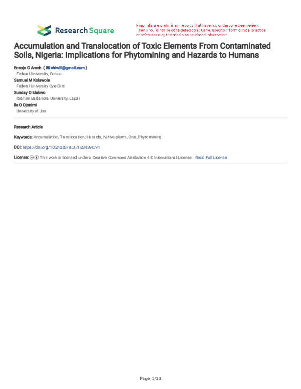 (PDF) Accumulation and Translocation of Toxic Elements From ...