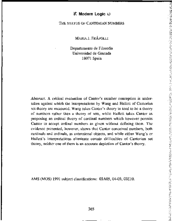 (PDF) The status of Cantorian numbers