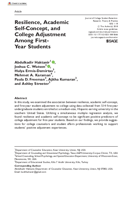 (PDF) Resilience, Academic Self-Concept, and College Adjustment Among First-Year Students