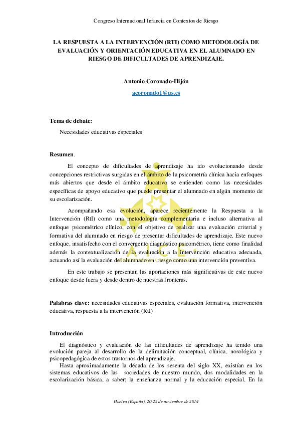 (PDF) La respuesta a la intervención (RTI) como metodología de evaluación y orientación ...