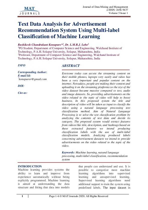 (PDF) Text Data Analysis for Advertisement Recommendation System Using Multi-label ...