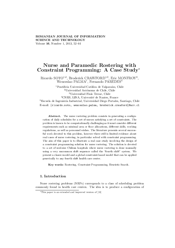 (PDF) Nurse and paramedic rostering with constraint programming: A case study | Eric Monfroy ...