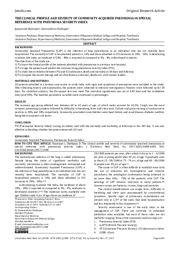 (PDF) The Clinical Profile and Severity of Community Acquired Pneumonia in Special Reference ...