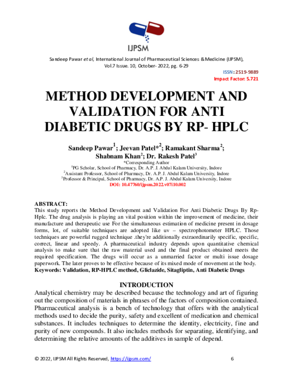 (PDF) METHOD DEVELOPMENT AND VALIDATION FOR ANTI DIABETIC DRUGS BY RP- HPLC