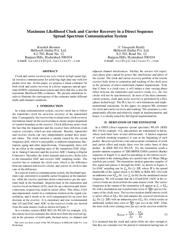 Pdf Maximum Likelihood Clock And Carrier Recovery In A Direct Sequence Spread Spectrum
