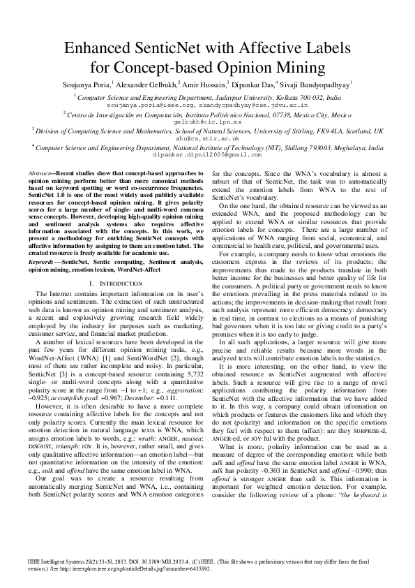 (PDF) Enhanced SenticNet with Affective Labels for Concept-Based Opinion Mining | Newton Howard ...