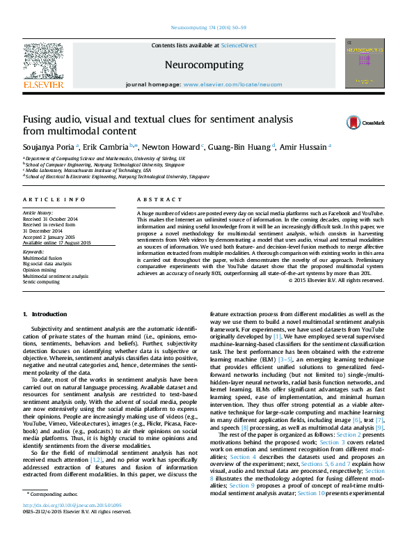 Pdf Fusing Audio Visual And Textual Clues For Sentiment Analysis From Multimodal Content