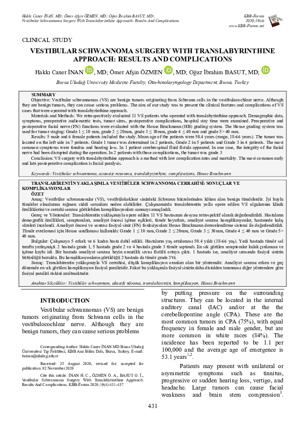 (PDF) Vestibular Schwannoma Surgery with Translabyrinthine Approach ...