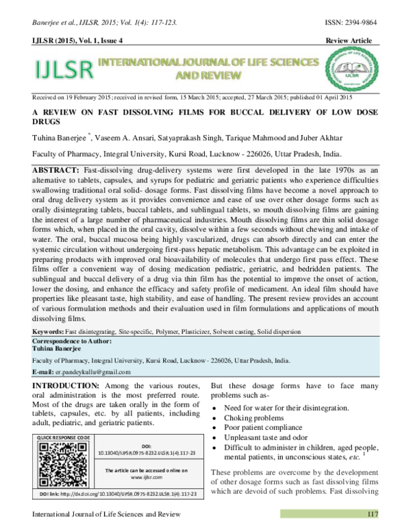 Pdf A Review On Fast Dissolving Films For Buccal Delivery Of Low Dose Drugs
