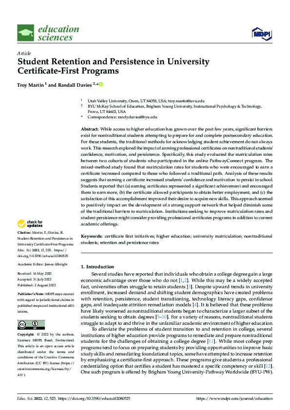 (PDF) Student Retention and Persistence in University Certificate-First ...