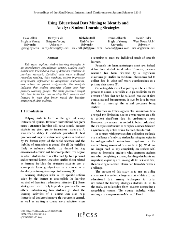 (PDF) Using Educational Data Mining to Identify and Analyze Student Learning Strategies