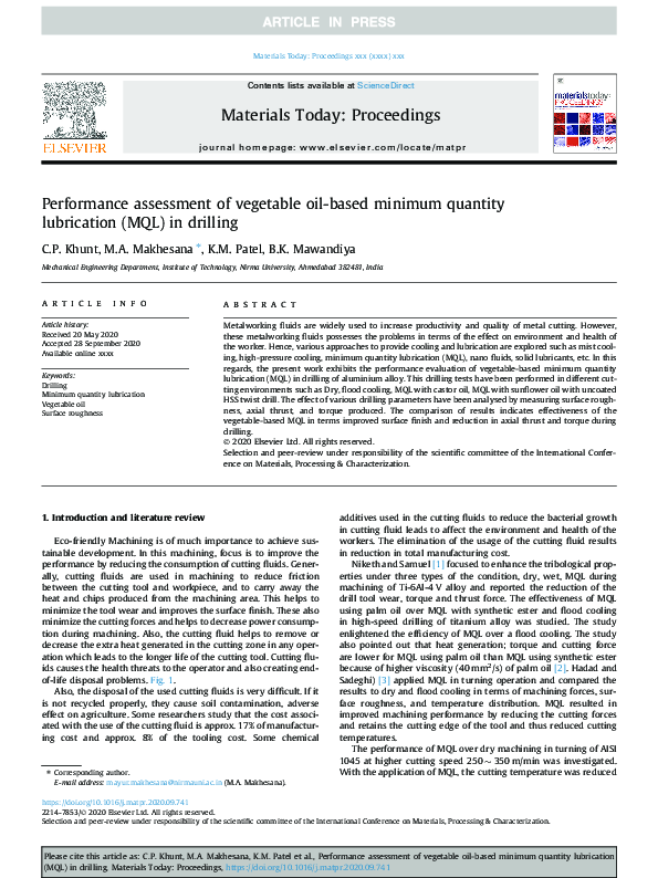 (PDF) Performance assessment of vegetable oil–based MQL in milling of ...