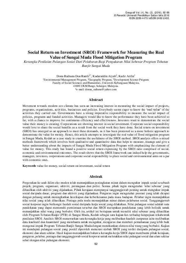 (PDF) Social Return on Investment (SROI) Framework for Measuring the Real Value of Sungai Muda ...